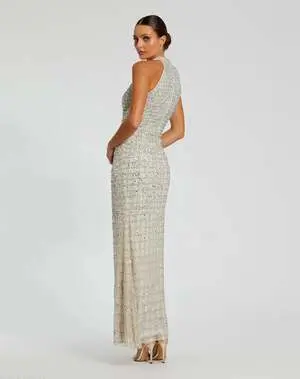 Mac Duggal Embellished Halter Neck Keyhole Gown - Silver