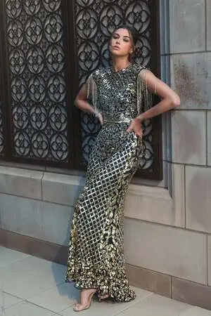 Mac Duggal High Neck Beaded Fringe Fitted Gown
