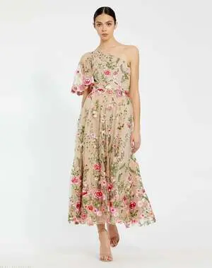 Mac Duggal One Shoulder Lace Embroidered A-line Dress - Neutral