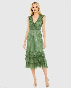 Mac Duggal Sequined Wrap Over Dress With Ruffle Hem - Green