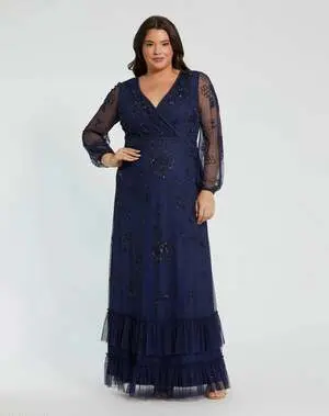 Mac Duggal Puff Sleeve V-neck Tiered Embellished Gown - Navy