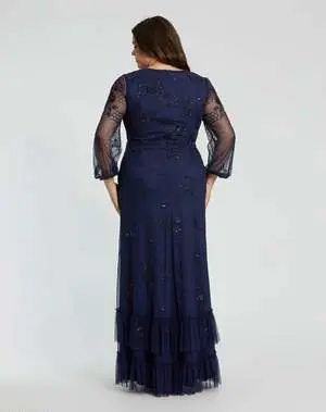 Mac Duggal Puff Sleeve V-neck Tiered Embellished Gown - Navy