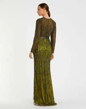 Mac Duggal Beaded Long Sleeve Evening Gown - Green