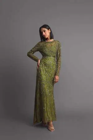 Mac Duggal Beaded Long Sleeve Evening Gown - Green
