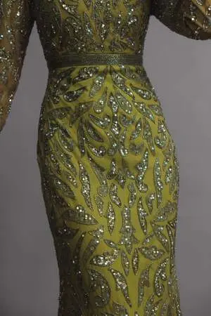 Mac Duggal Beaded Long Sleeve Evening Gown - Green