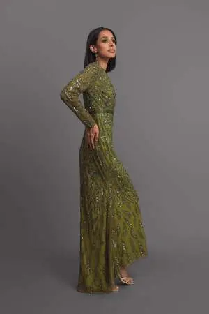 Mac Duggal Beaded Long Sleeve Evening Gown - Green