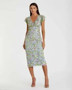 Mac Duggal Floral Sequin Embellished Flutter Sleeve Dress - Blue