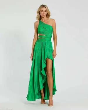 Mac Duggal One-shoulder Pleated Charmeuse Gown With Slit