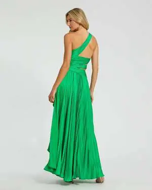 Mac Duggal One-shoulder Pleated Charmeuse Gown With Slit