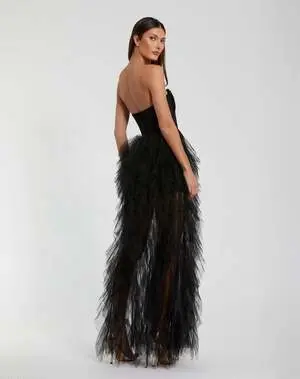 Mac Duggal Strapless Gown With Spiral Ruffles And Thigh-high Slit - Black