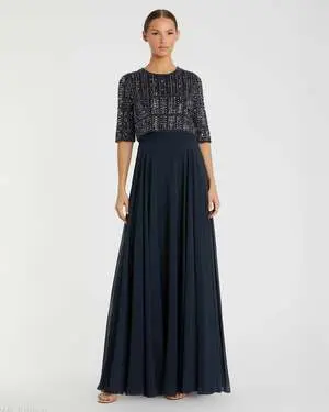 Mac Duggal Chiffon Gown With Beaded 3/4 Sleeve Top - Navy