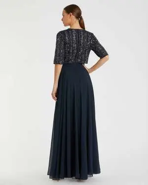 Mac Duggal Chiffon Gown With Beaded 3/4 Sleeve Top - Navy