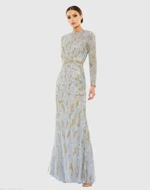 Mac Duggal Long Sleeve Beaded Evening Gown - Gray