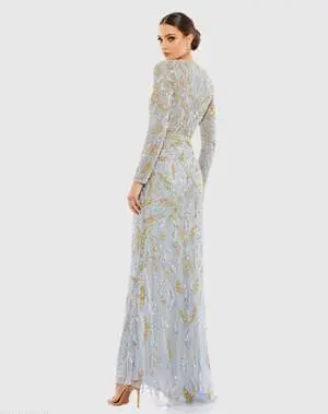Mac Duggal Long Sleeve Beaded Evening Gown - Gray