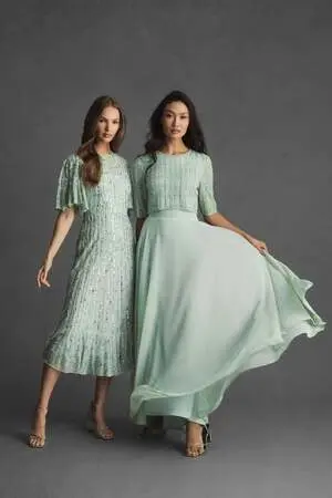 Mac Duggal Chiffon Gown With Beaded Sleeve Top - Green