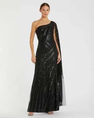 Mac Duggal One Shoulder Embellished Gown With Cape Sleeve - Black