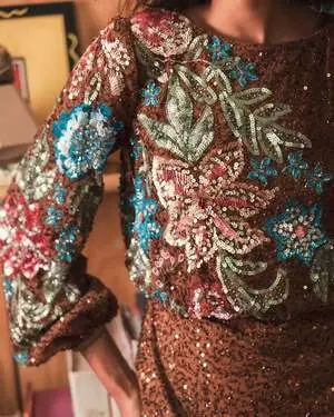 Mac Duggal High Neck Long Sleeve Sequin Gown