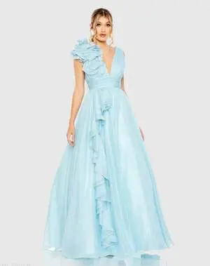 Mac Duggal V-neck Ruffle Shoulder Gown - Blue