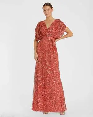 Mac Duggal Sequin Draped Sleeve Gown - Red