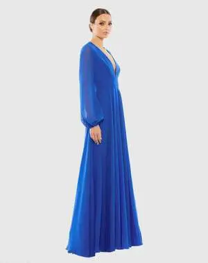 Mac Duggal V-neck Illusion Long Sleeve Chiffon Gown - Blue