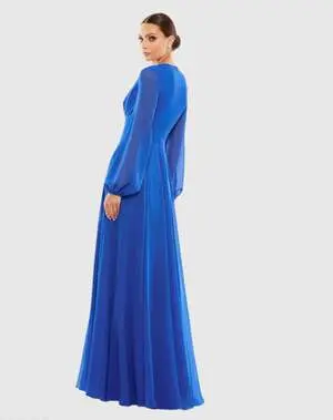 Mac Duggal V-neck Illusion Long Sleeve Chiffon Gown - Blue