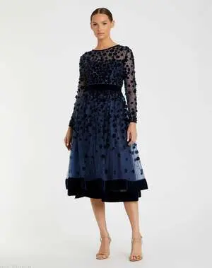 Mac Duggal Embellished Velvet Trim A-line Midi Dress - Navy