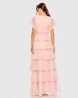Mac Duggal Flutter Sleeve Ruffle Tiered Gown - Pink