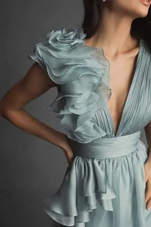 Mac Duggal V-neck Ruffled Shoulder Gown - Green