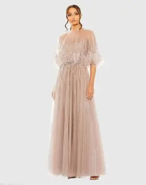 Mac Duggal Embellished A-line Gown With Feather Detail Cape - Neutral