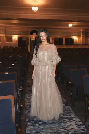 Mac Duggal Embellished A-line Gown With Feather Detail Cape
