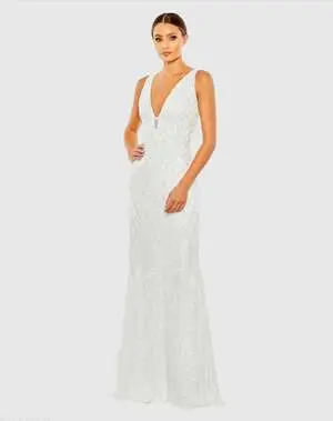 Mac Duggal Sequined Plunge Neck Column Gown
