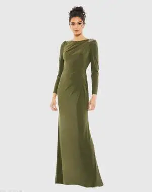 Mac Duggal Draped Bateau Long Sleeve Trumpet Gown