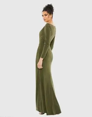 Mac Duggal Draped Bateau Long Sleeve Trumpet Gown