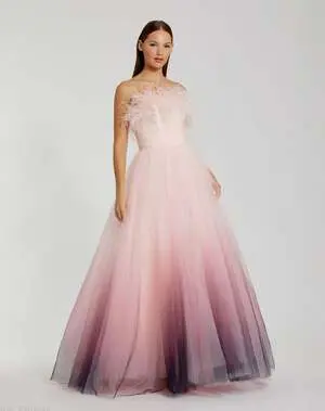 Mac Duggal Ombre Strapless Feather Bodice Tulle Gown - Pink