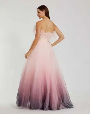 Mac Duggal Ombre Strapless Feather Bodice Tulle Gown - Pink