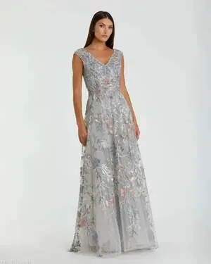 Mac Duggal Embroidered Illusion Cap Sleeve A-line Gown - Gray