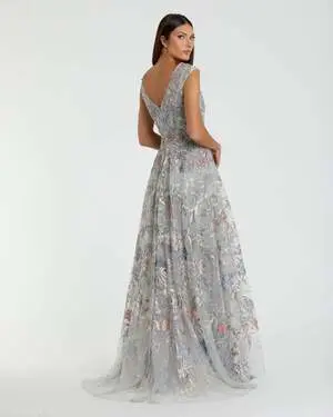 Mac Duggal Embroidered Illusion Cap Sleeve A-line Gown - Gray