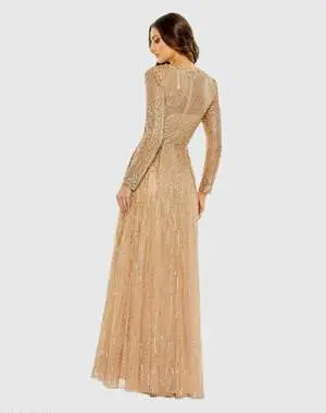 Mac Duggal Embellished High Neck Long Sleeve Gown - Neutral