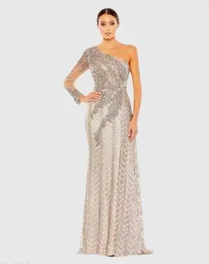 Mac Duggal Embellished One-shoulder A-line Gown - Neutral