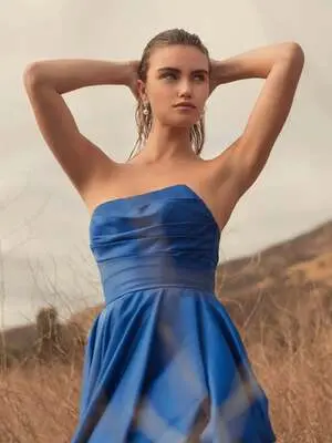 Mac Duggal Strapless Ruched High Low Gown - Blue