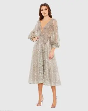 Mac Duggal Embellished Plunge Neck Bishop Sleeve Dress - Neutral
