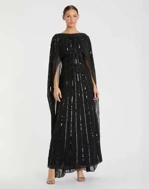 Mac Duggal Embellished Beaded Column Cape Gown - Black