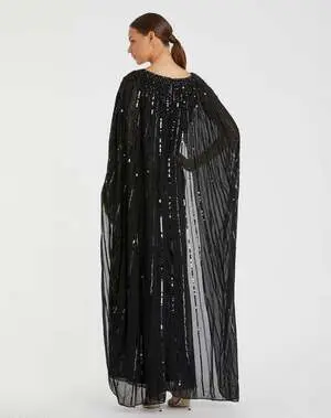 Mac Duggal Embellished Beaded Column Cape Gown - Black