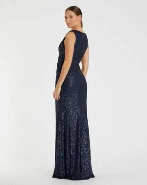Mac Duggal Sequin V-neck Wrap Waist Gown - Navy