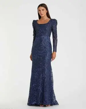 Mac Duggal Long Sleeve Embroidered Applique Trumpet Gown - Midnight