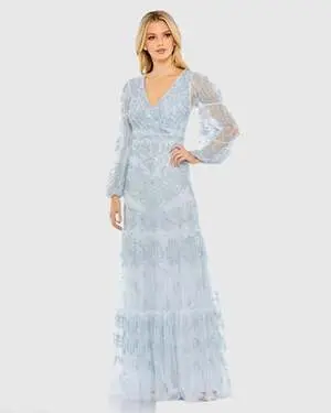 Mac Duggal Sequin-embellished Tiered Puff Sleeve Gown