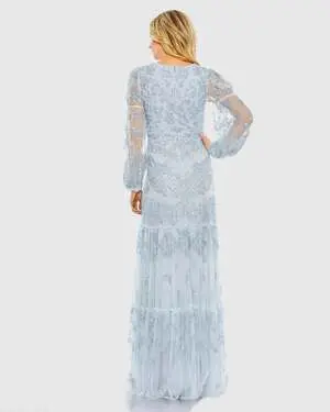 Mac Duggal Sequin-embellished Tiered Puff Sleeve Gown