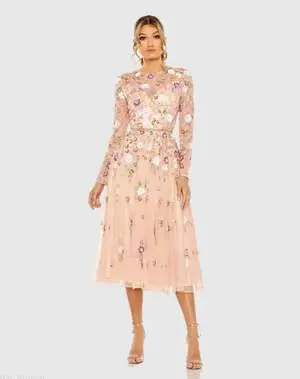 Mac Duggal Floral Sequined High Neck Midi Dress - Pink