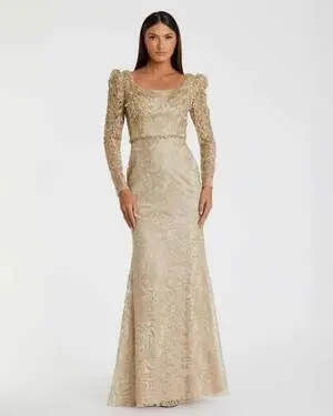 Mac Duggal Embroidered Trumpet Gown With Long Sleeves - Gold