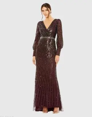 Mac Duggal Sequined Wrap Over Bishop Sleeve Gown - Red